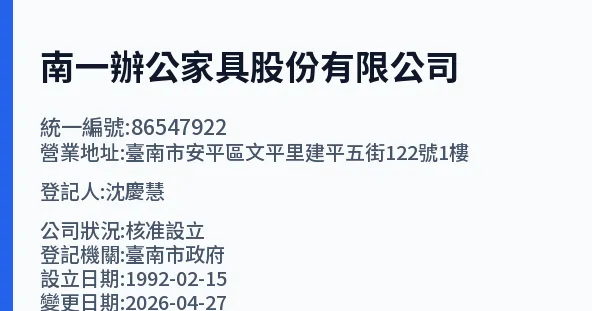 南一辦公家具股份有限公司的照片-統編 86547922(臺南市) 公司登記資料與營業項目詳細圖表