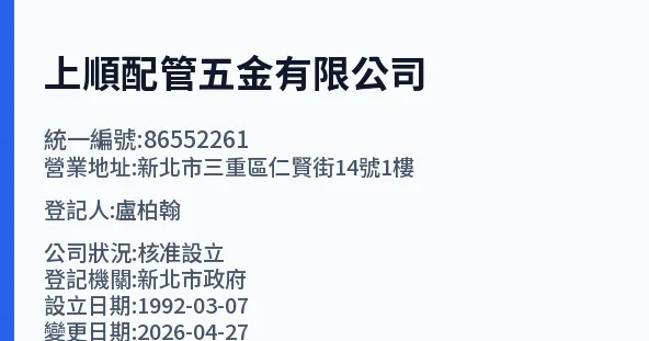 上順配管五金有限公司的照片-統編 86552261(新北市) 公司登記資料與營業項目詳細圖表