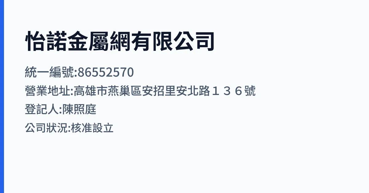 怡諾金屬網有限公司 - 統編 86552570(高雄市) 公司登記資料與營業項目詳細圖表