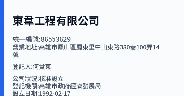東韋工程有限公司的照片-統編 86553629(高雄市) 公司登記資料與營業項目詳細圖表