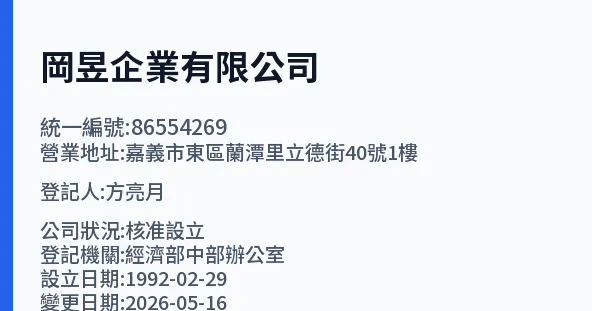 岡昱企業有限公司的照片-統編 86554269(嘉義市) 公司登記資料與營業項目詳細圖表