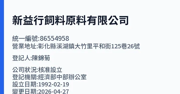 新益行飼料原料有限公司的照片-統編 86554958(彰化縣) 公司登記資料與營業項目詳細圖表