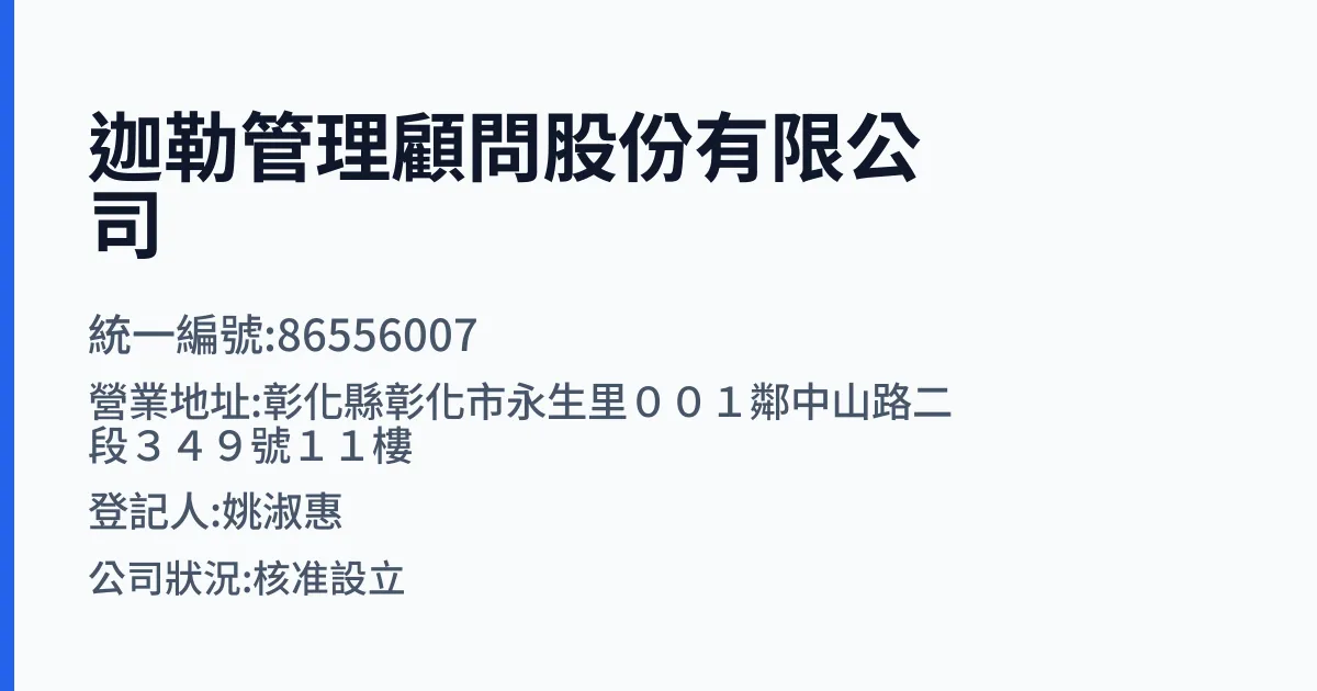 迦勒管理顧問股份有限公司 - 統編 86556007(彰化縣) 公司登記資料與營業項目詳細圖表