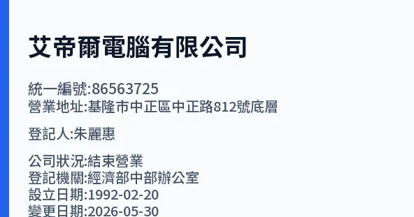 艾帝爾電腦有限公司的照片-統編 86563725(基隆市) 公司登記資料與營業項目詳細圖表