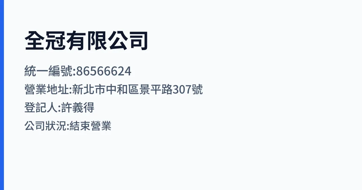 全冠有限公司 - 統編 86566624(新北市) 公司登記資料與營業項目詳細圖表