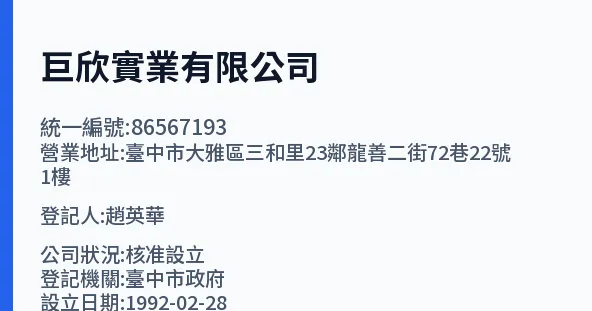 巨欣實業有限公司的照片-統編 86567193(臺中市) 公司登記資料與營業項目詳細圖表