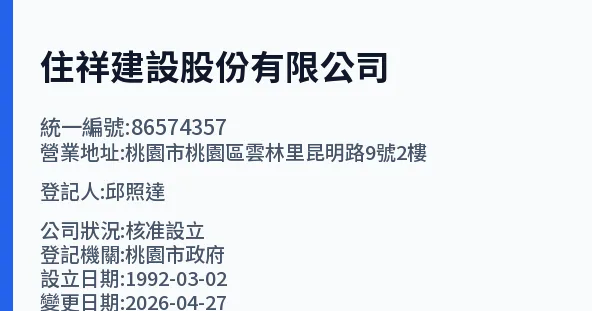 住祥建設股份有限公司的照片-統編 86574357(桃園市) 公司登記資料與營業項目詳細圖表