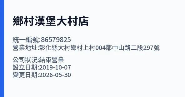 鄉村漢堡大村店的照片-統編 86579825(彰化縣) 公司登記資料與營業項目詳細圖表