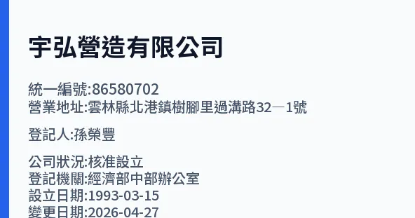宇弘營造有限公司的照片-統編 86580702(雲林縣) 公司登記資料與營業項目詳細圖表