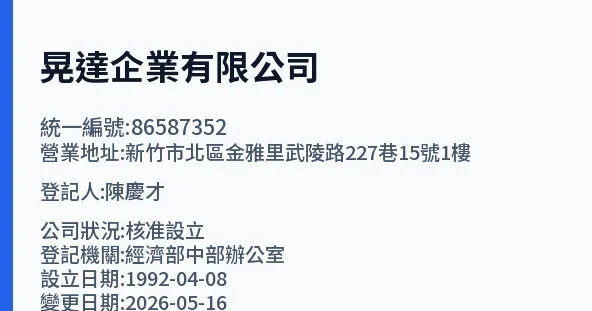 晃達企業有限公司的照片-統編 86587352(新竹市) 公司登記資料與營業項目詳細圖表