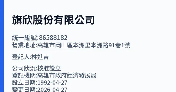 旗欣股份有限公司的照片-統編 86588182(高雄市) 公司登記資料與營業項目詳細圖表