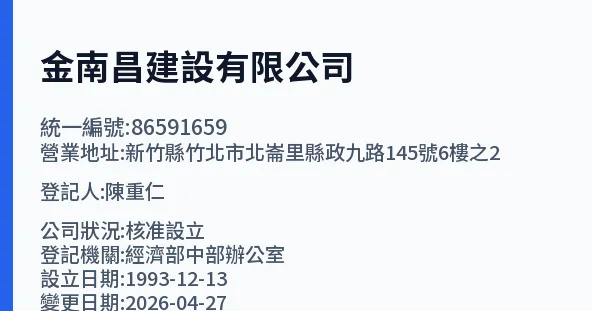 金南昌建設有限公司的照片-統編 86591659(新竹縣) 公司登記資料與營業項目詳細圖表