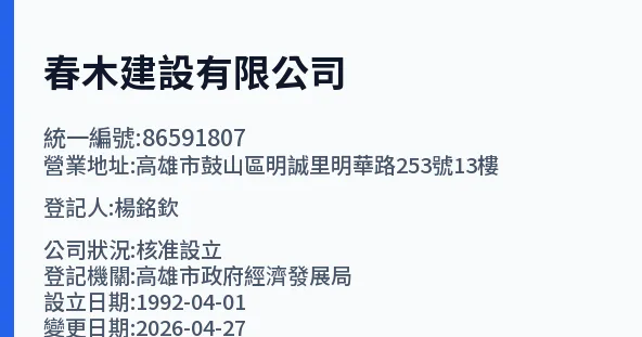 春木建設有限公司的照片-統編 86591807(高雄市) 公司登記資料與營業項目詳細圖表