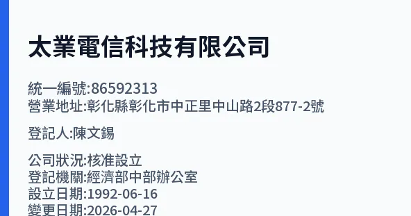 太業電信科技有限公司的照片-統編 86592313(彰化縣) 公司登記資料與營業項目詳細圖表