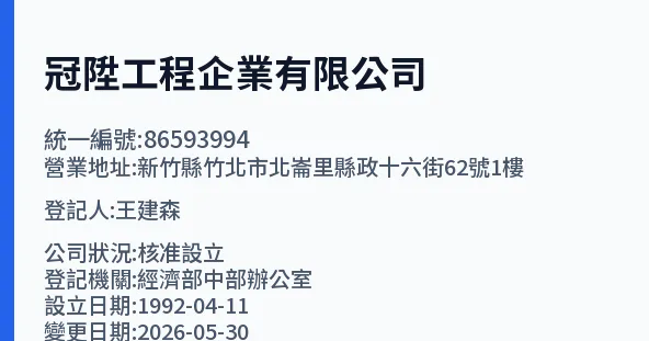 冠陞工程企業有限公司的照片-統編 86593994(新竹縣) 公司登記資料與營業項目詳細圖表