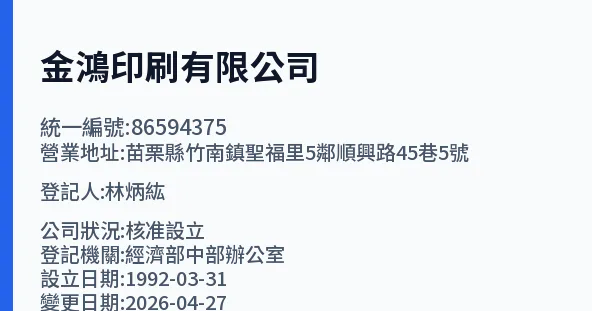 金鴻印刷有限公司的照片-統編 86594375(苗栗縣) 公司登記資料與營業項目詳細圖表