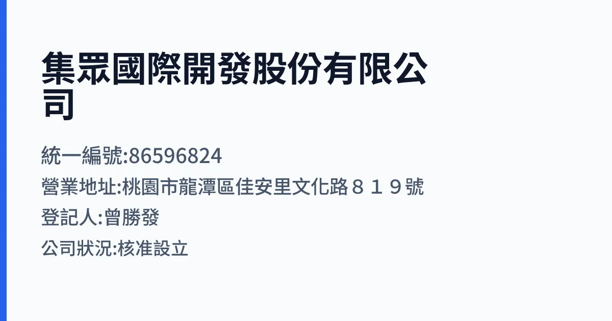 集眾國際開發股份有限公司 - 統編 86596824(桃園市) 公司登記資料與營業項目詳細圖表