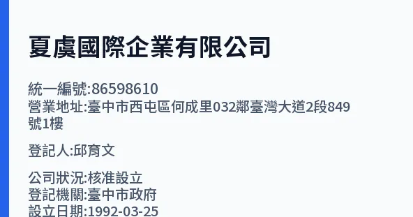 夏虞國際企業有限公司的照片-統編 86598610(臺中市) 公司登記資料與營業項目詳細圖表