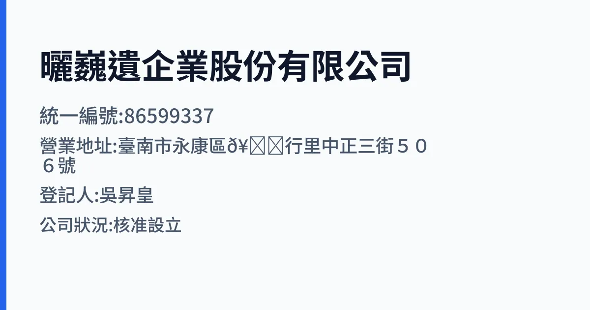 曬巍遺企業股份有限公司 - 統編 86599337(臺南市) 公司登記資料與營業項目詳細圖表