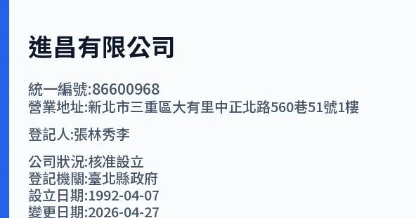 進昌有限公司的照片-統編 86600968(新北市) 公司登記資料與營業項目詳細圖表