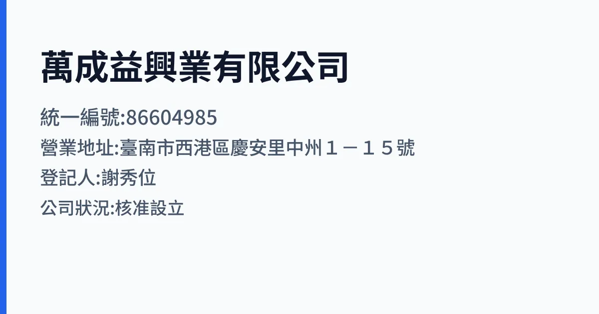 萬成益興業有限公司 - 統編 86604985(臺南市) 公司登記資料與營業項目詳細圖表