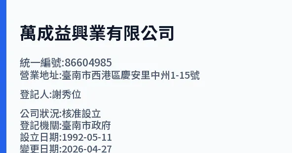 萬成益興業有限公司的照片-統編 86604985(臺南市) 公司登記資料與營業項目詳細圖表