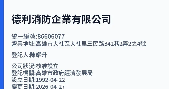 德利消防企業有限公司的照片-統編 86606077(高雄市) 公司登記資料與營業項目詳細圖表