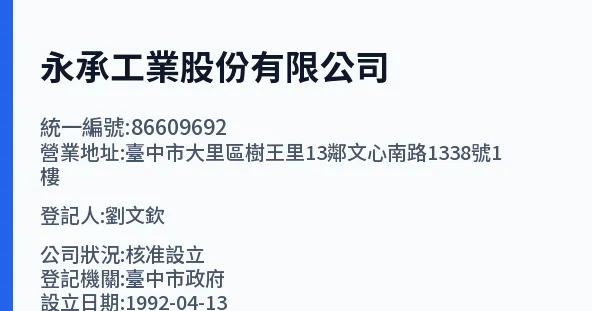 永承工業股份有限公司的照片-統編 86609692(臺中市) 公司登記資料與營業項目詳細圖表