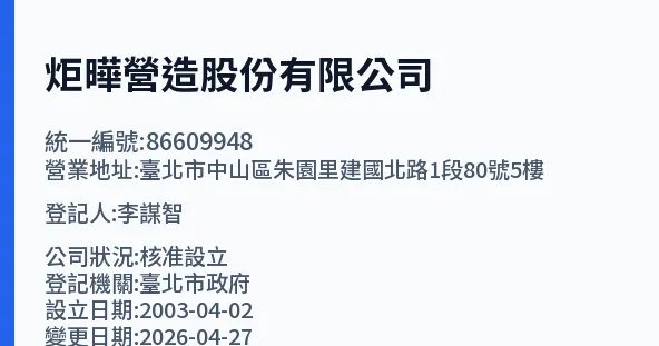 炬曄營造股份有限公司的照片-統編 86609948(臺北市) 公司登記資料與營業項目詳細圖表