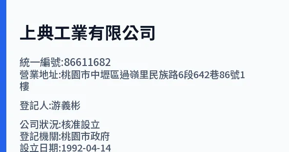 上典工業有限公司的照片-統編 86611682(桃園市) 公司登記資料與營業項目詳細圖表