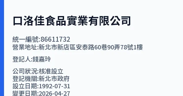 口洛佳食品實業有限公司的照片-統編 86611732(新北市) 公司登記資料與營業項目詳細圖表