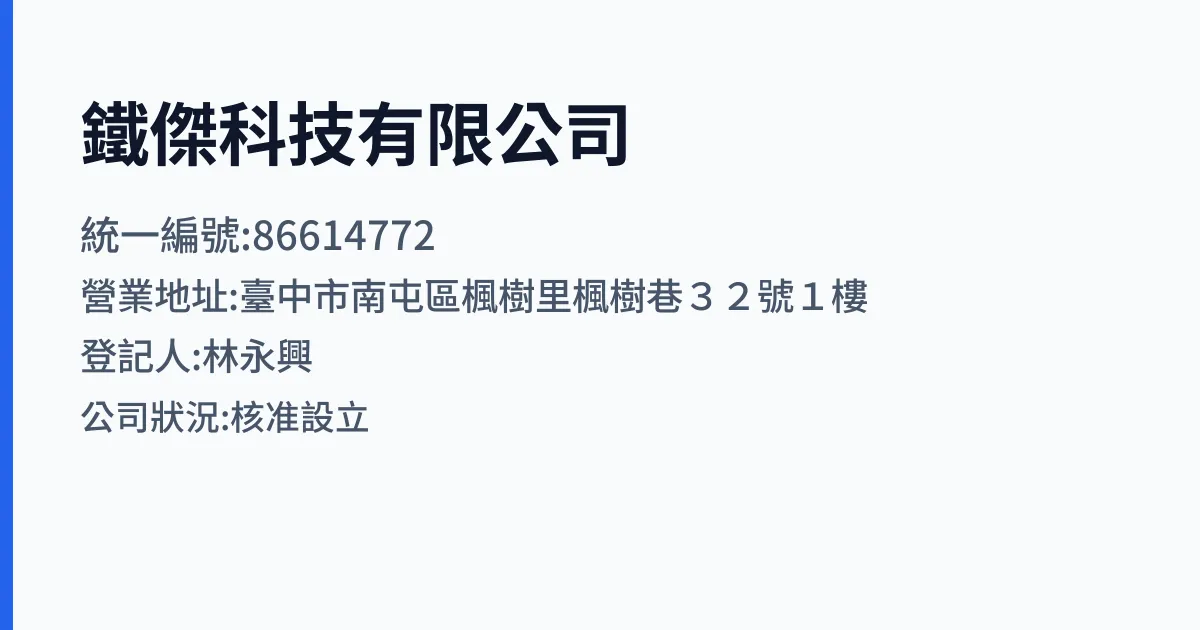 鐵傑科技有限公司 - 統編 86614772(臺中市) 公司登記資料與營業項目詳細圖表