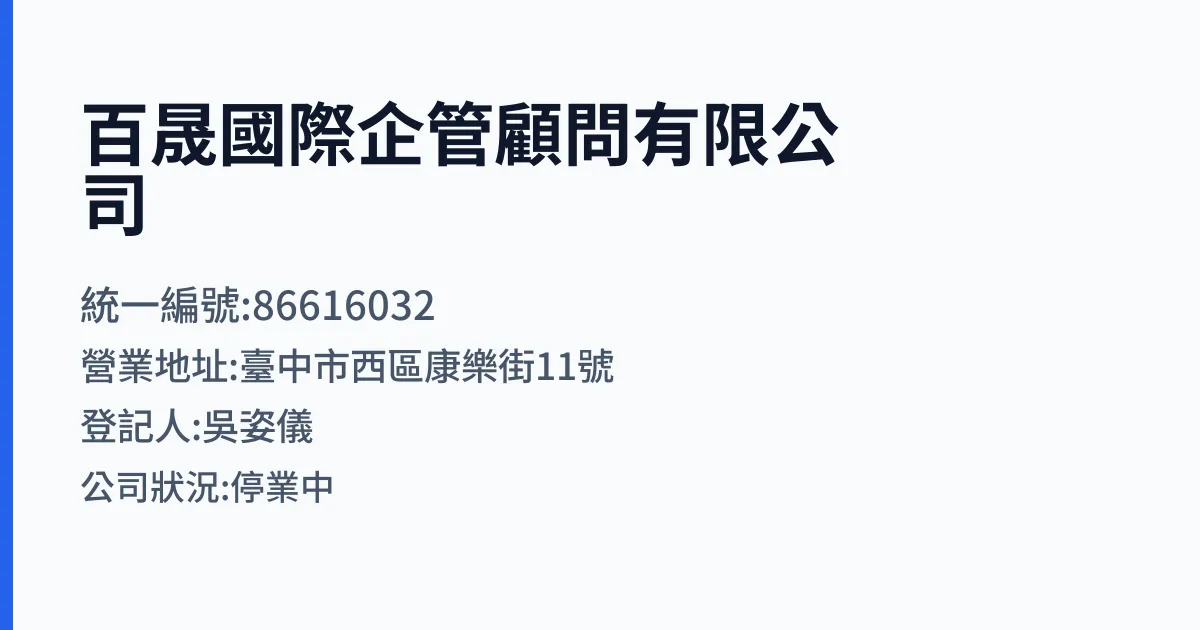 百晟國際企管顧問有限公司 - 統編 86616032(臺中市) 公司登記資料與營業項目詳細圖表