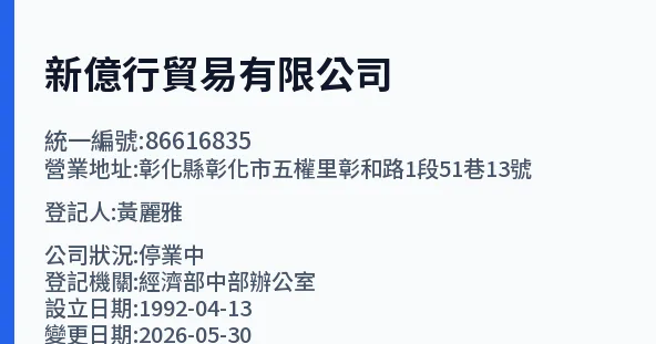新億行貿易有限公司的照片-統編 86616835(彰化縣) 公司登記資料與營業項目詳細圖表