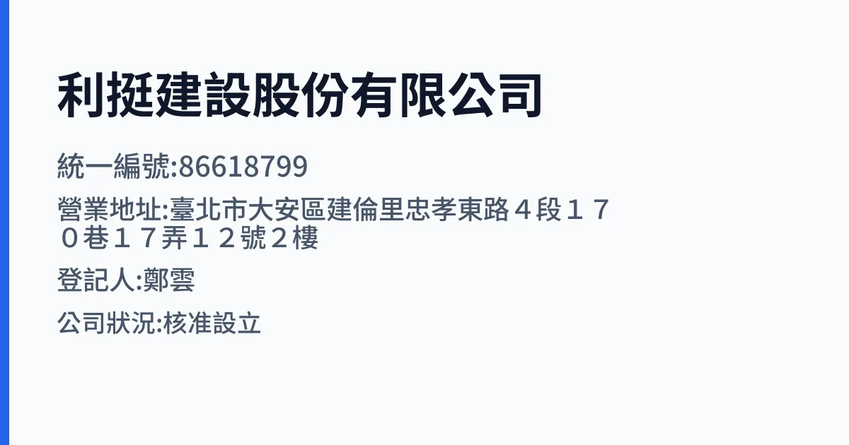 利挺建設股份有限公司 - 統編 86618799(臺北市) 公司登記資料與營業項目詳細圖表