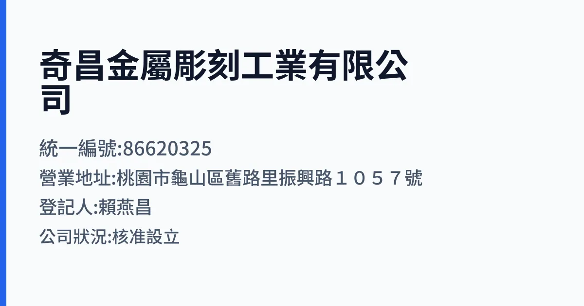 奇昌金屬彫刻工業有限公司 - 統編 86620325(桃園市) 公司登記資料與營業項目詳細圖表