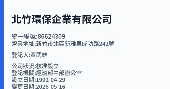 北竹環保企業有限公司的照片-統編 86624309(新竹市) 公司登記資料與營業項目詳細圖表