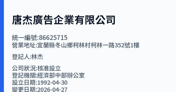 唐杰廣告企業有限公司的照片-統編 86625715(宜蘭縣) 公司登記資料與營業項目詳細圖表