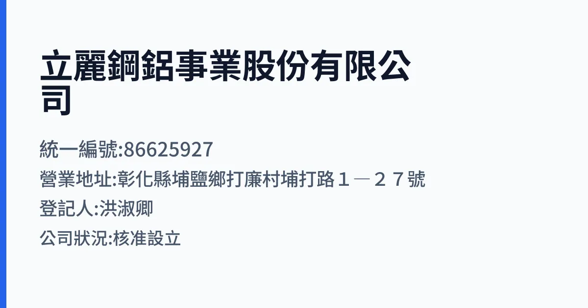 立麗鋼鋁事業股份有限公司 - 統編 86625927(彰化縣) 公司登記資料與營業項目詳細圖表