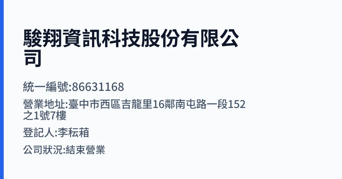駿翔資訊科技股份有限公司 - 統編 86631168(臺中市) 公司登記資料與營業項目詳細圖表
