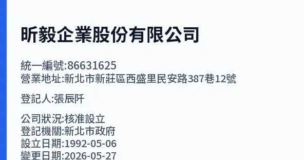 昕毅企業股份有限公司的照片-統編 86631625(新北市) 公司登記資料與營業項目詳細圖表