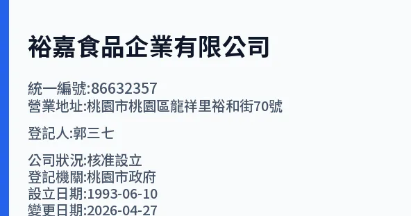 裕嘉食品企業有限公司的照片-統編 86632357(桃園市) 公司登記資料與營業項目詳細圖表
