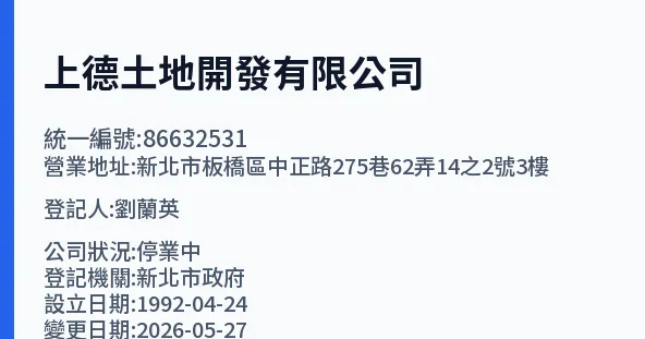 上德土地開發有限公司的照片-統編 86632531(新北市) 公司登記資料與營業項目詳細圖表