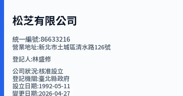 松芝有限公司的照片-統編 86633216(新北市) 公司登記資料與營業項目詳細圖表