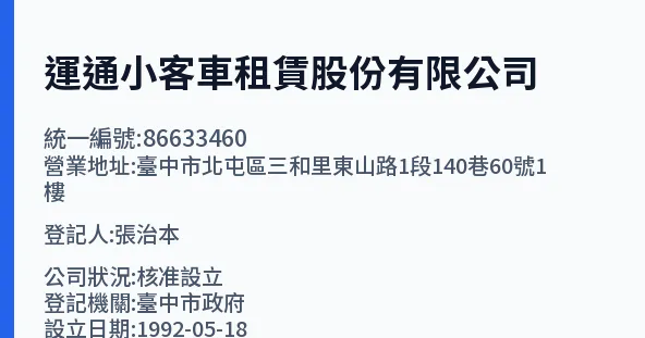 運通小客車租賃股份有限公司的照片-統編 86633460(臺中市) 公司登記資料與營業項目詳細圖表