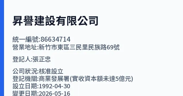 昇譽建設有限公司的照片-統編 86634714(新竹市) 公司登記資料與營業項目詳細圖表