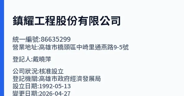 鎮耀工程股份有限公司的照片-統編 86635299(高雄市) 公司登記資料與營業項目詳細圖表