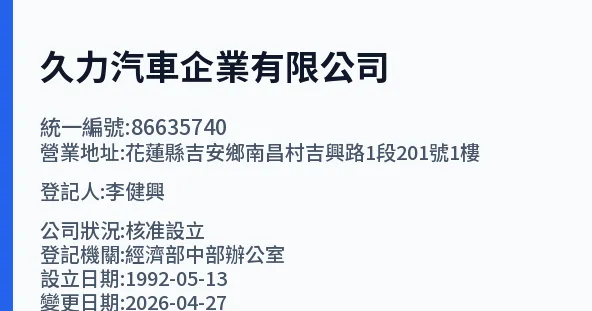久力汽車企業有限公司的照片-統編 86635740(花蓮縣) 公司登記資料與營業項目詳細圖表