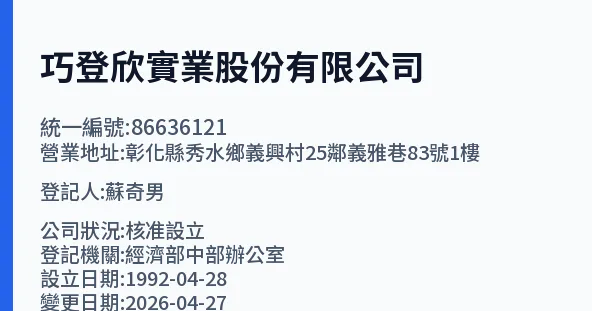 巧登欣實業股份有限公司的照片-統編 86636121(彰化縣) 公司登記資料與營業項目詳細圖表