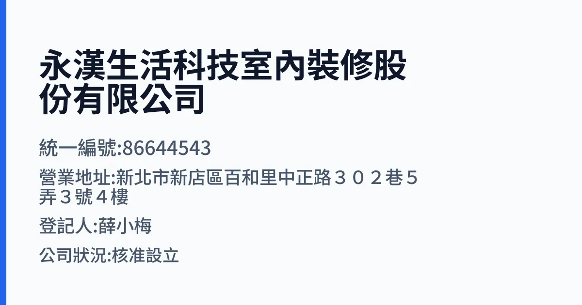 永漢生活科技室內裝修股份有限公司 - 統編 86644543(新北市) 公司登記資料與營業項目詳細圖表
